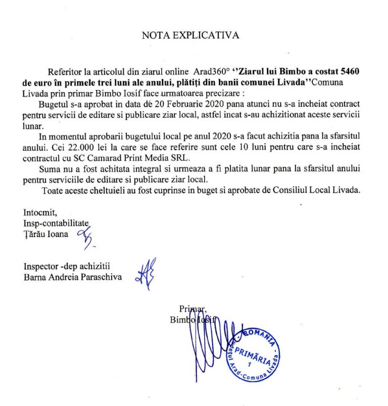 Notă explicativă – Comuna Livada – Județul Arad